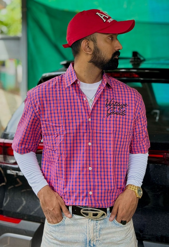 Red and Blue oversized boxy check shirt | Main